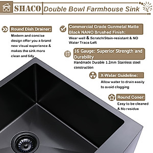 SHACO 33 Inch Black Double Farmhouse Sink, 33x21 Gunmetal Black Divided 50/50 Farmhouse Kitchen Sink, 304 Stainless Steel 9 Inch Deep Double Basin Apron Front Farm Sink for Kitchen