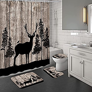SiMiWOW Rustic Forest Elk Shower Curtain Set with Rugs Wildlife Animal Shower Curtain Farmhouse Decor Set Deer Shower Curtain with Mats, Set of 4