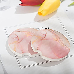 AREAJD 2 Pack Pink Ceramic Car Coasters for Drinks Absorbent 2.56 Inch, Marble/Mandala Car Cup Holder Coaster for Women with Removable Finger Notch, Cute Auto Natural Life Accessories
