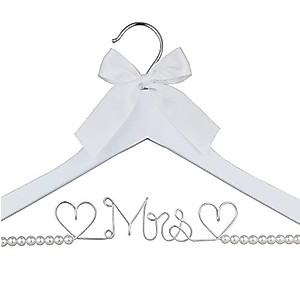 Bridal Dress Hanger Solid Wood Dress Hangers Mrs Letter Hanger Wedding Gift (White Hanger Pearl and Silver Thread)