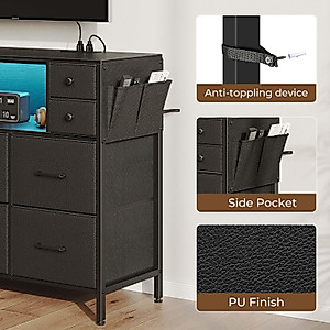 Rolanstar Dresser with Power Outlets and LED Lights, 10 Drawers Dresser with Side Pocket, Fabric Chest of Drawers with PU Finish, TV Stand with Wood Top for up to 55inch TV, Black,XL