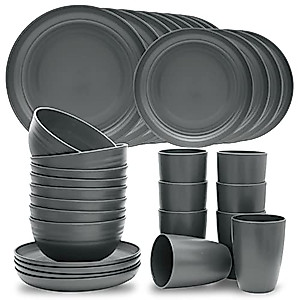 Dhnvcud 32-Piece Kitchen Plates and Bowls Sets,Lightweight Plastic Dishes Set for 8,Unbreakable Dinnerware Sets,Reusable Plates Set,Dishwasher and Microwave Safe, Dish Sets for Outdoor Camping,RV,Grey