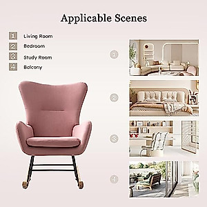 Bonzy Home Velvet Rocking Accent Nursery Chair Small Upholstered Glider Rocker Chair for Baby Nursery Padded Seat with High Backrest Armchair Comfy Side Chair Bedroom Living Room Chair, Pink