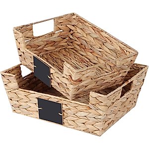 OUTBROS Storage Box Hand-Woven Wicker Storage Baskets, Multipurpose Open-Front Bin, Shelf Nesting Baskets, Desktop Makeup Organizer Container with Built-In Carry Handles, Water Hyacinth