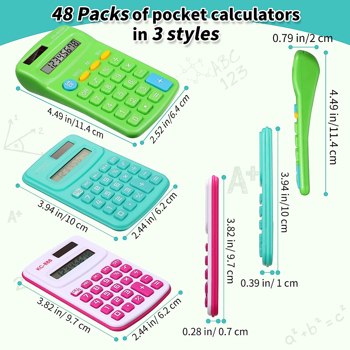 48 Pcs Pocket Calculator Bulk Small Basic Calculator 4 Function Calculator Battery Powered Calculator 8 Digit Display Calculator Pocket Size for Students Kids School Home Office Supplies, 3 Styles