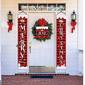 3 Pieces Christmas Thanksgiving Reversible Banner Christmas Thanksgiving Porch Sign Merry Christmas and Fall Harvest Banner Christmas Plaid Hanging Banner for Holiday (Brown, Red and Black Plaid)