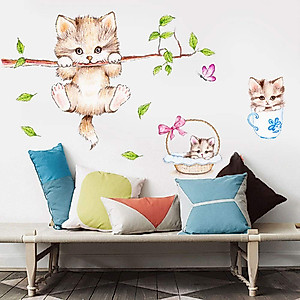 Kiddale Cute Cat Wall Decals,Removable Cat Tree Branches Butterfly Wall Stickers for Kids Rooms Nursery Playroom Home Decoration