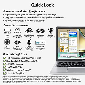 Acer Aspire 5 A515-56-36UT Slim Laptop | 15.6 Full HD Display | 11th Gen Intel Core i3-1115G4 Processor | 4GB DDR4 | 128GB NVMe SSD | WiFi 6 | Amazon Alexa | Windows 10 Home (S Mode) (Renewed)