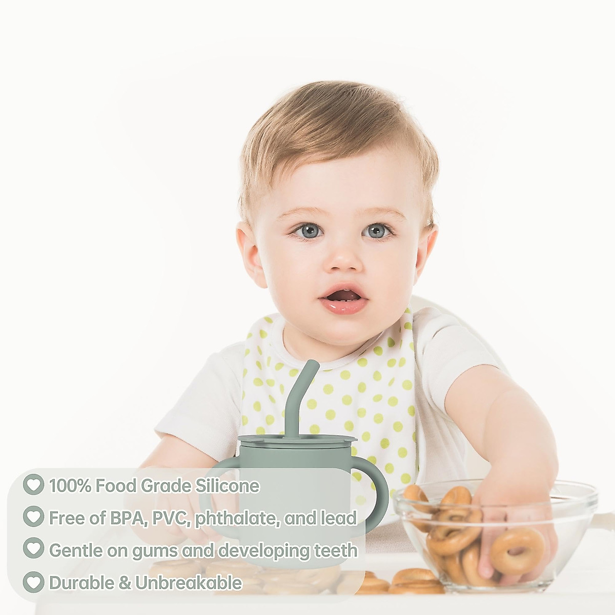 Chicrinum 2-in-1 Silicone Sippy Cup with Straw & Snack Cup Lid, Food-Grade Silicone Baby Straw Cup, Spill Proof Toddler Straw Cup for 6 Month+, Dishwasher Safe