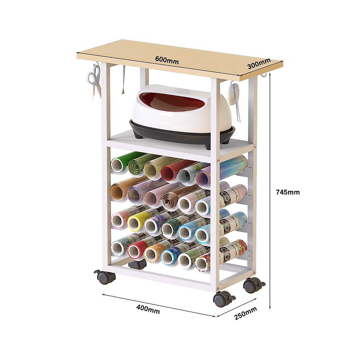 RJOKMT Rolling Craft Storage Cart with Crafting Table Organization Workstation - Compact Removable Design, Craft Storage and Organization Solution with 24 Vinyl Roll Holders (White, 29.3" H)