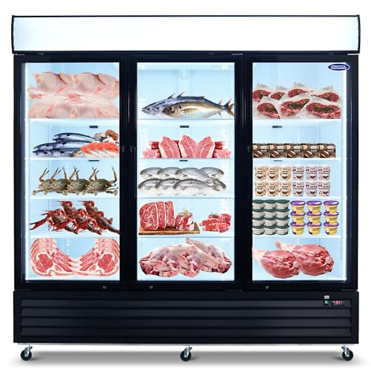 Durable Commercial Freezer with Triple Glass Door, 70 cu. ft. Large Capacity Freezer for Restaurant, Minimart, Bakery, Coffee Shop, 81" W x 34" L x 83" H