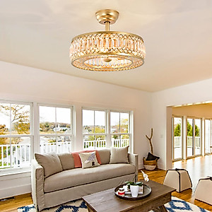 KOKAiZeeKi Gold Crystal Caged Ceiling Fans with Light, 18" Bladeless Ceiling Fan with Remote Control, 6 Speed Low Profile Enclosed Ceiling Fan with Reversible Motor for Bedroom Kitchen Living Room