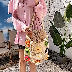 100% Handmade Pom Pom Flowers Straw Tote, Organic Knitted Flowers Womens Bag (Light beige)