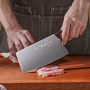SHI BA ZI ZUO Chinese Knife Vegetable Meat Knife 6.7-inch Stainless Steel Slicer Cleaver, Wooden Handle with Moderate Weight