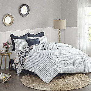 Madison Park 100% Cotton Comforter Set - Feminine Design Colorful Floral Print, All Season Down Alternative Bedding Layer and Matching Shams, California King (104 in x 92 in), Mavis, Dark Blue 8 Piece