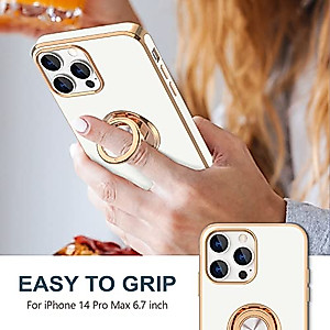 Hython Case for iPhone 14 Pro Max Case with Ring Stand [360° Rotatable Ring Holder Magnetic Kickstand] [Support Car Mount] Plated Gold Edge Slim Soft TPU Luxury Protective Phone Case Cover, White