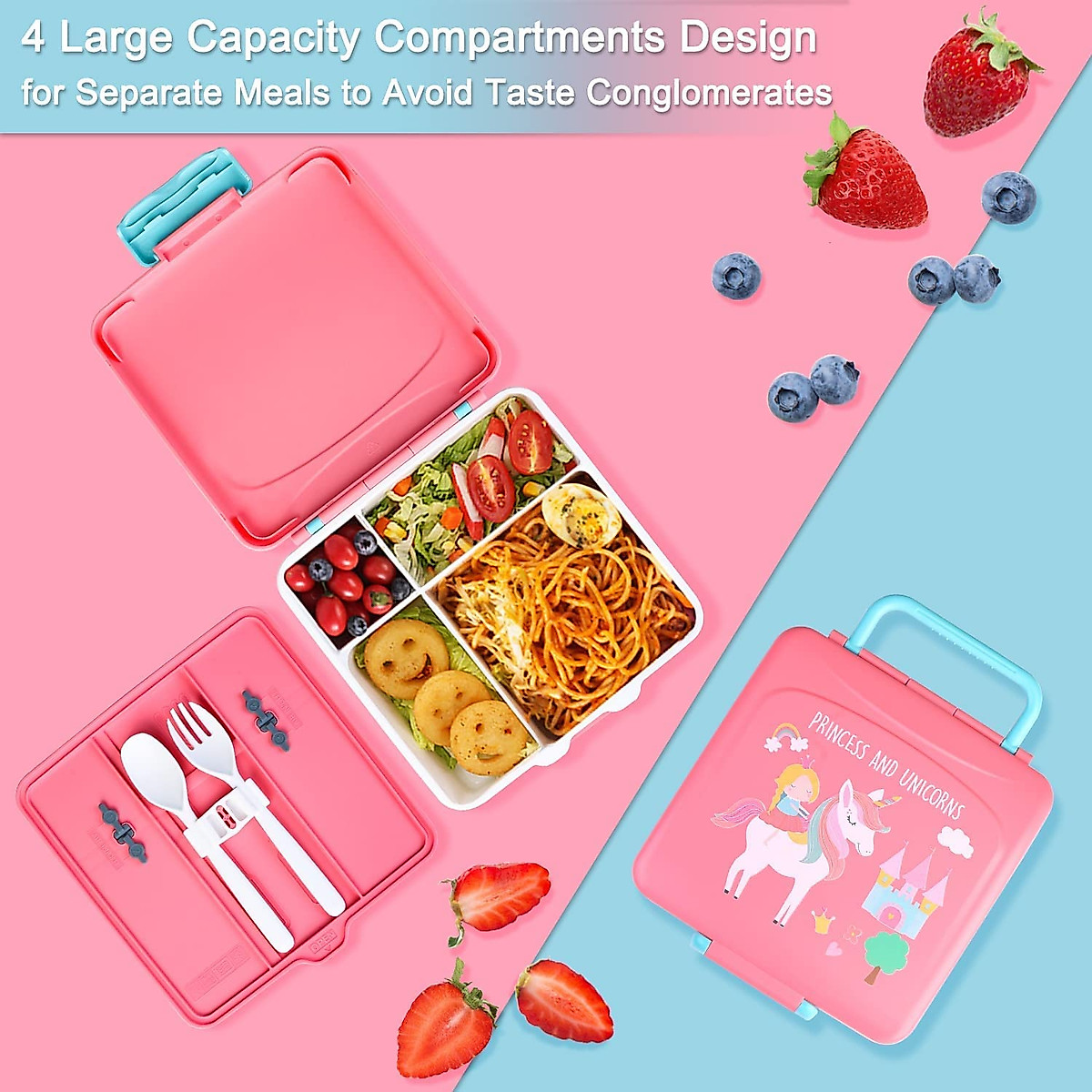 Bento Lunch Box for Kids, Unicorn Lunch Box with 4 Compartment Bento,1300ml Lunch Container with Sauce Jar/ Spoon/ Fork, Leak Proof, Microwave/ Dishwasher Safe, BPA-Free and Food-Safe Materials (Pink)