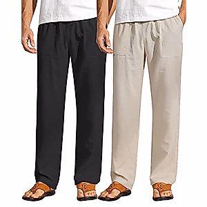 Ficerd 2 Pcs Men's Drawstring Linen Pants Men Casual Beach Trousers with Pocket Lightweight Elastic Yoga Pant (Black, Khaki, Large)