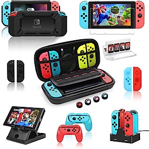 Switch Accessories Bundle for Nintendo Switch, Kit with Carrying Case, Screen Protector,Charging Dock,Compact Playstand,Protective Case,Game Case,Joystick Cap,Grip (16-in-1)