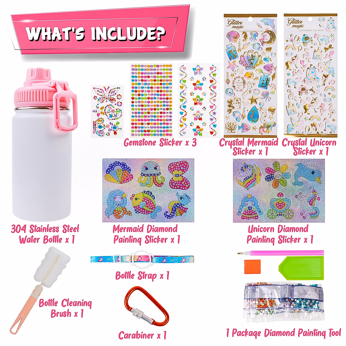 FTBox Decorate Your Own Water Bottle for Girls, Cute Arts and Crafts Gifts Toys for Girls Age 4-6-8-10-12, Unicorn/Mermaid Diamond Painting Crafts Kit for Girls Birthday Christmas Gift