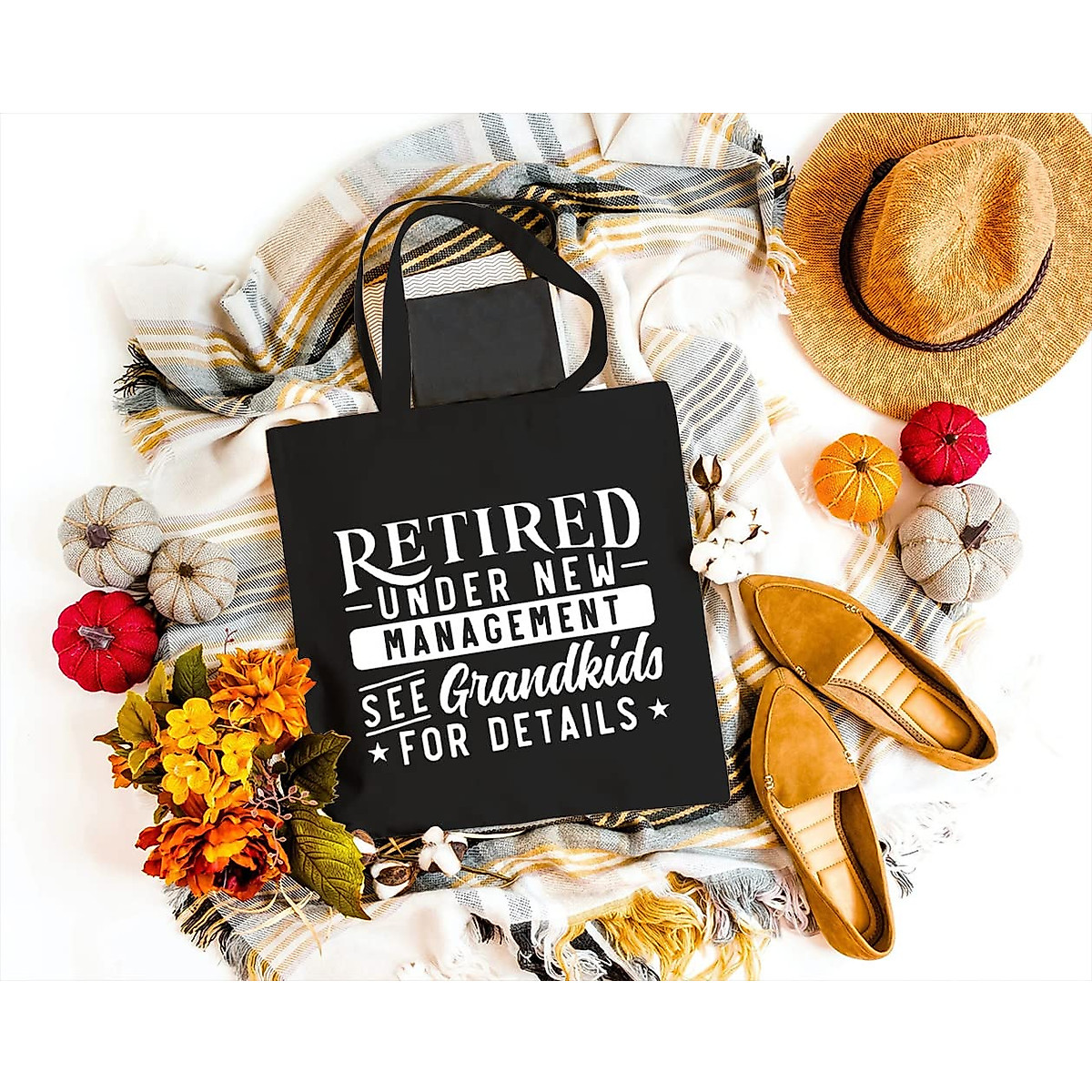 GXVUIS Retired Under New Management Canvas Tote Bag for Women Reusable Eco-Friendly Grocery Shopping Bags Retirement Gifts Black