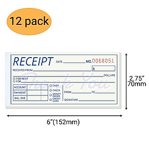 suituts [12 Books] Money and Rent Receipt Books, Pocket Size 2.75x6 Inch 2-Part Carbonless Receipt Book for Small Business (50 Sets Per Book)