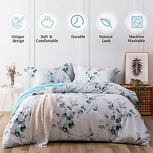 MILDLY 100% Long-Staple Cotton Duvet Cover Set Baby Blue Teal Gradient Leaf Pattern Printed Comforter Cover 3pcs, Ultra Soft & Breathable Bedding Set