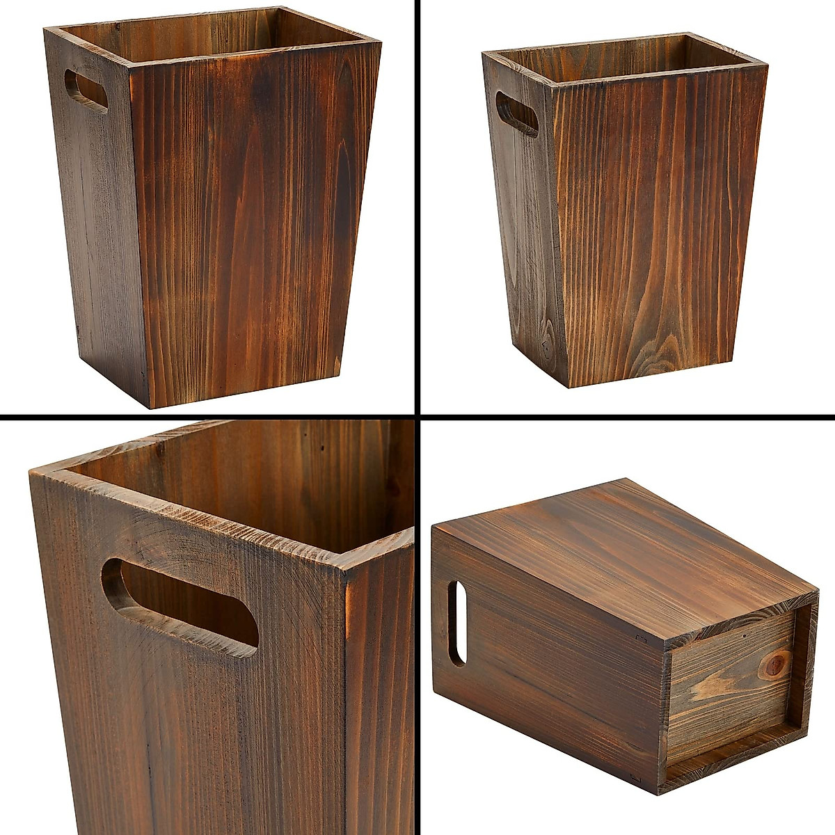 2 Piece Rustic Style Wood Trash Can Set, Farmhouse Square Wastebasket Bin with Handles for Home or Office (Brown, Small & Large)