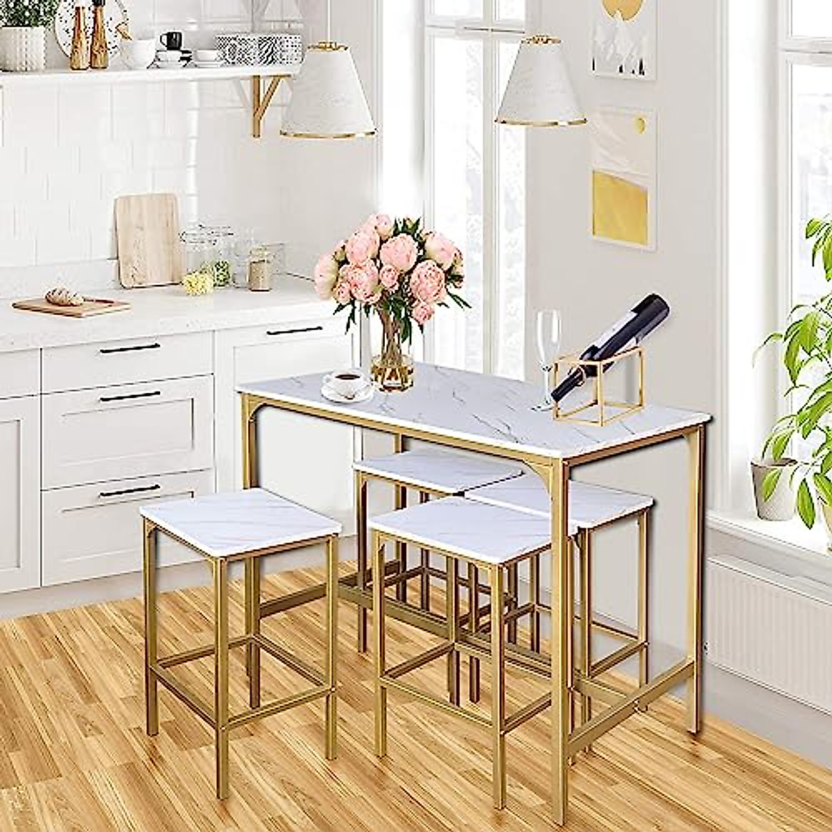 AT-VALY 5-Piece Bar Table Set with 4 Stools,Dining Room Table Set,Small Spaces (Gold & White)