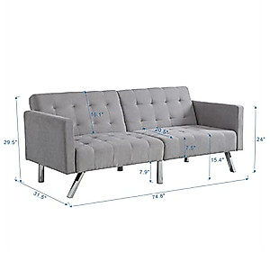 75"Convertible Folding Futon Sofa Bed,Split Back Design,Modern Fabric Sleeper Couch Bed with Armrest and Chrome Legs,Upholstered Recliner Loveseat for Living Room Apartment Dorms Office (Light Grey)
