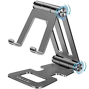 VECUU Universal Phone Stand Dual Folding, Aluminum Desktop Stand with Adjustable View Angle, Foldable Phone Holder Cradle Dock, Smartphone Stand Compatible with All Phones, Nintendo Switch (Grey)