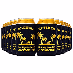 Crisky Retirement Gifts for Men & Women, 12 Pcs Beverage Can Coolers, Vacation Beer Sleeves for Retirement Party Decorations Favor, Retired Gift Ideas Insulated Drink Holder 12 Pack, Black & Gold