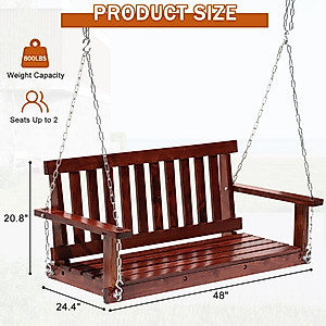 48 inch Wooden Porch Swings Heavy Duty Outdoor Bench Swing for Adults Durable Solid Wood Two Person Seating Patio Hanging Swing with Adjustable Hanging Chains & Fixing Screw, 800 LBS Weight Capacity