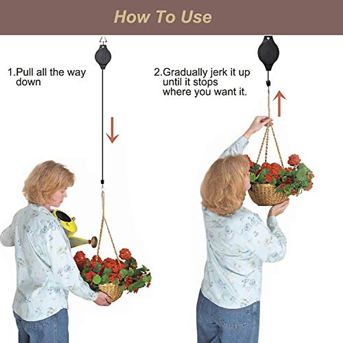 WXTOOLS 4 Pack Retractable Plant Pulley, Adjustable Hanging Flower Basket Hooks Plant Pulleys for Hanging Plants, Plant Hanger for Garden Baskets Pots and Birds Feeder (Black)