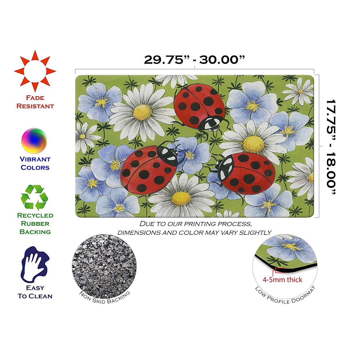 Toland Home Garden 800209 Flowers and Ladybugs Spring Door Mat 18x30 Inch Summer Outdoor Doormat for Entryway Indoor Entrance
