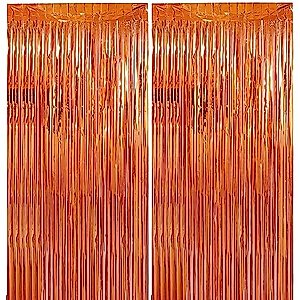 2 Pack 3.2 ft x 9.8 ft Orange Tinsel Curtain Party Backdrop Decorations, Metallic Foil Fringe Backdrop Door for Halloween, Christmas, Birthday Graduation Wedding Party Streamers Photo Backdrop.