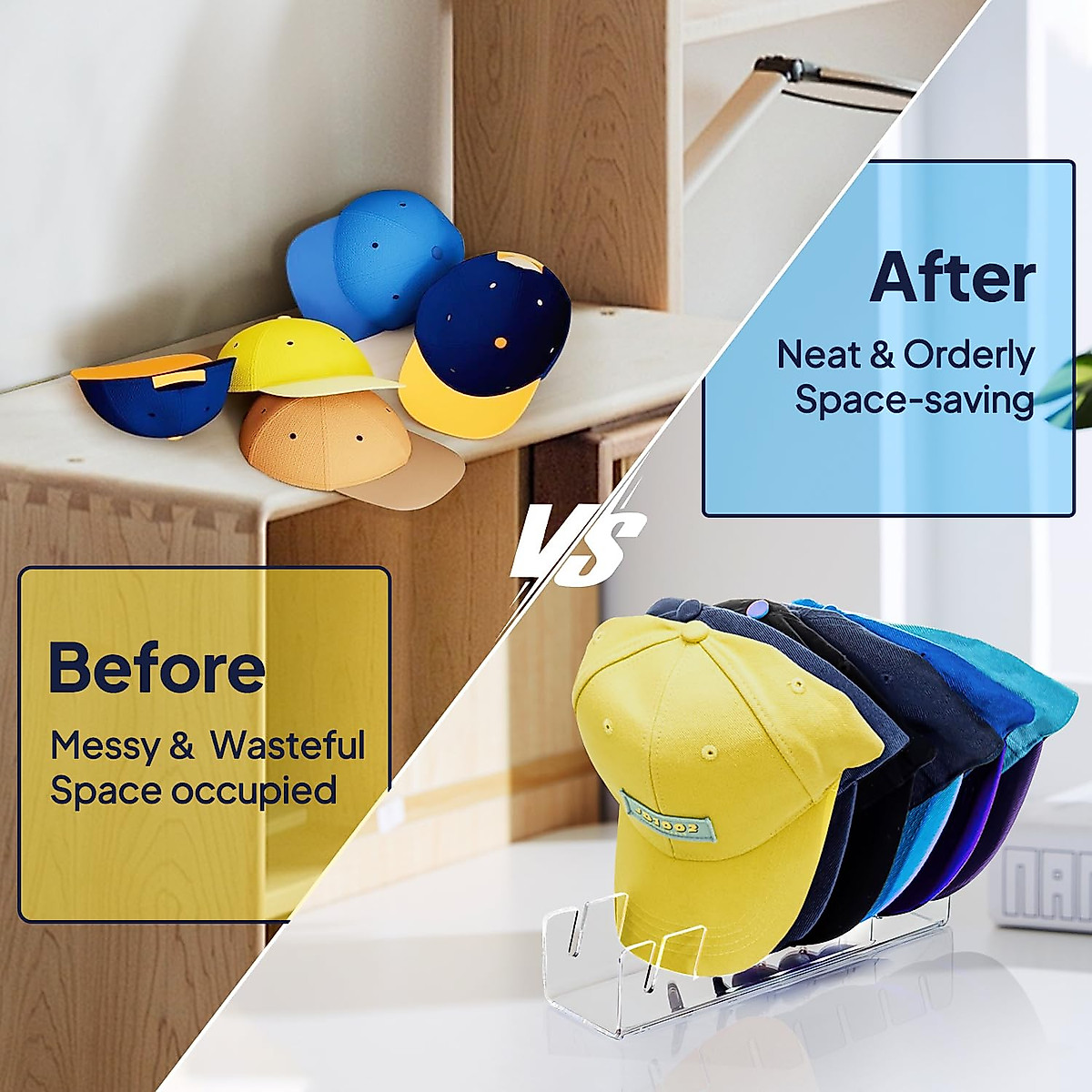 NEWFLY Hat Stand for Baseball Caps, 2 PCS Acrylic Hat Organizer for 14 Caps, No Install Baseball Hat Rack Hat Storage Holder, Hat Oragnizer Shelf Display for Closet Bedroom Dresser(Clear)