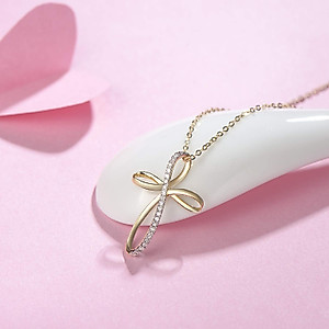 Carleen 14K Solid Yellow Gold 0.115CTTW Genuine Diamond Pave Cross Pendant Silky Infinity Ribbon Design Dainty Fine Delicate Necklace Jewelry Holiday Mother's Day Gifts for Women, 16+2 INCH