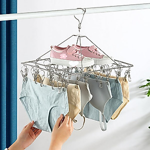 TVRTFQ 2 Pack Stainless Steel Sock Drying Rack with 80 Clips,360° Rotatable Windproof Hook Clothes Hanger Rack for Sock,Bras,Underwear,Baby Clothes,Hat,Scarf,Pants,Gloves,Towel and Laundry Accessories