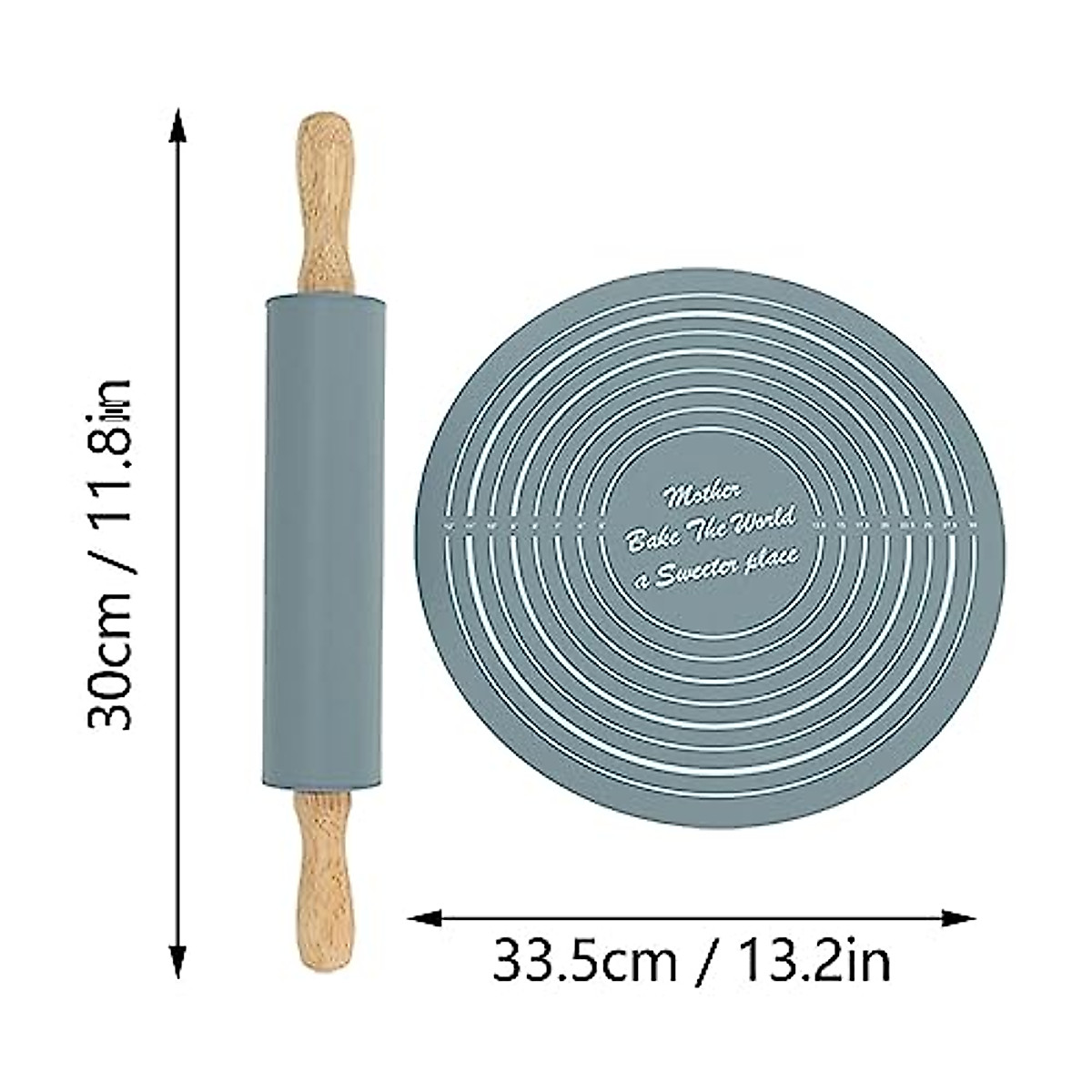 Non Stick Rolling Pin and Silicone Baking Mat, Round Non Stick Pastry Mat, Non stick Silicone Dough Rollers Set with Measurements Kneading Pastry Mat,Rolling Pin Pastry Baking Mat,Baking Tool(Grey)