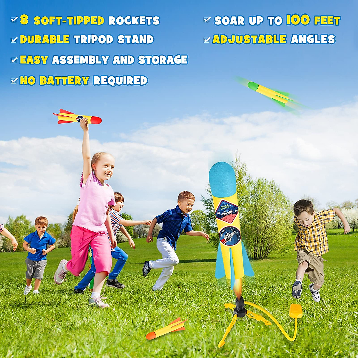 BEEFHN Toy Rocket Launcher for Kids, Incl 2 Launchers & 8 Foam Rockets, Shoots Up to 100 Feet, Sturdy Jump Launch Toys Fun Outdoor Toy for Kids, Gift for Boys and Girls Age 3 4 5 6+ Years Old