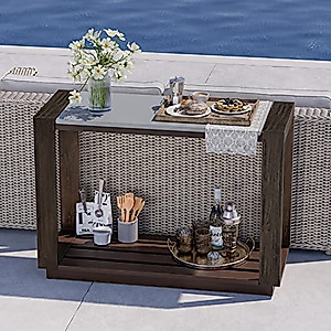 COSIEST Outdoor Bar Table, MgO Patio Pub Height Dining Table with Pinewood Legs, Rectangular Console Table for Garden Backyard Poolside, Dark Brown