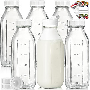 Liter Glass Milk Bottles w 100% Airtight Heavy Duty Screw Lid - 6 Pack 32 Oz Drinking Jars - Food Grade Glass Bottles for Milk, Honey, Jam - Dishwasher Safe(Extra 2 Lids and Stickers Included)