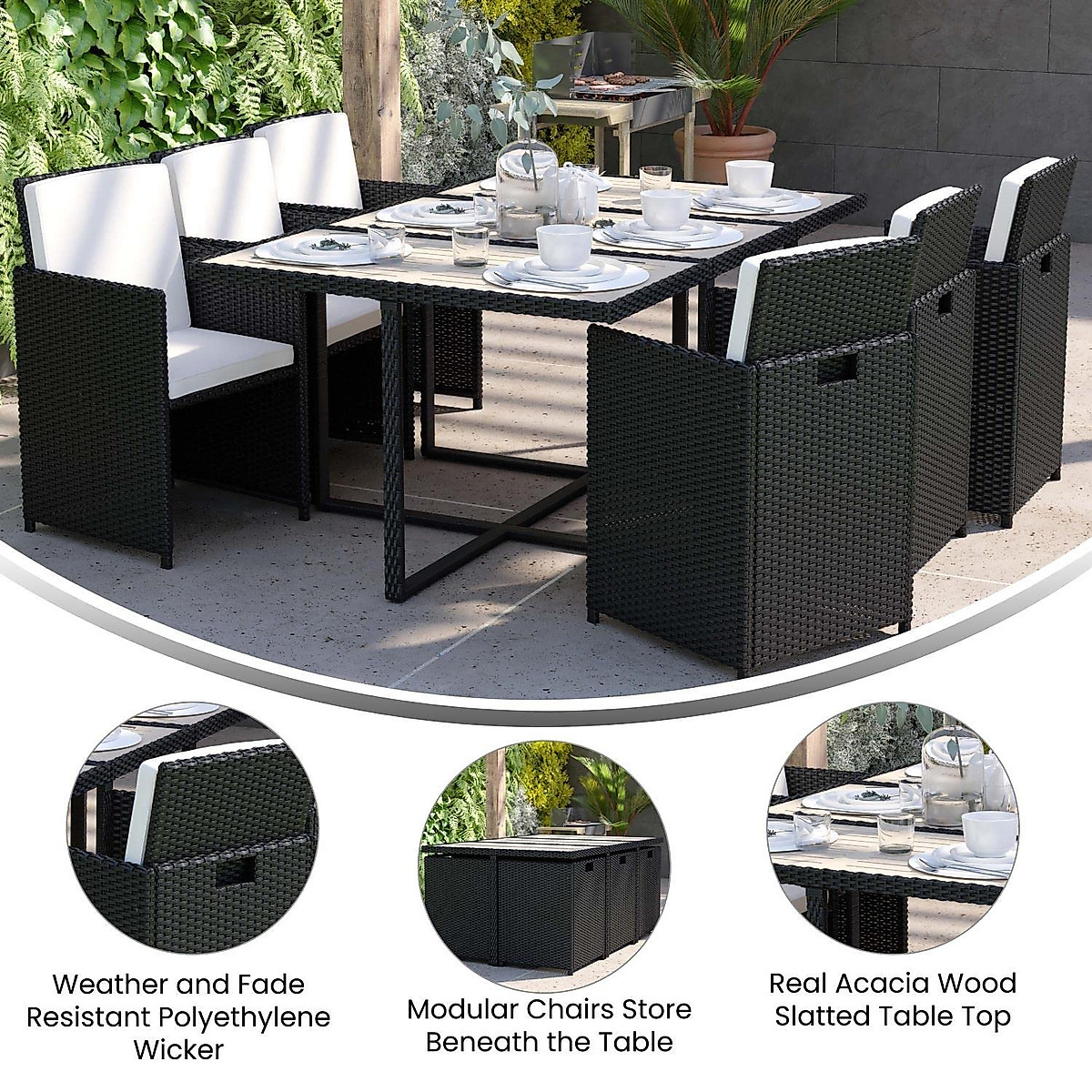 Flash Furniture Peregrine 7 Piece Outdoor Patio Dining Set - Space Saving Black Wicker Modular Chairs & Cream Cushions-Gray Finish Acacia Wood Table-Seating for 6