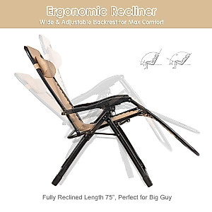 Goplus Zero Gravity Chairs, X-Large Outdoor Lounge Lawn Chair with Cup Holder & Detachable Headrest, Adjustable Folding Patio Recliner for Pool Porch Deck Oversize (Beige)