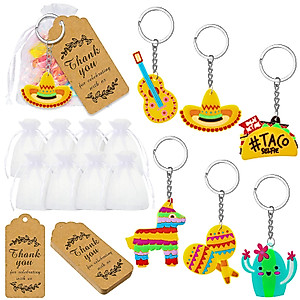 108 Pcs Mexican Keychain Fiesta Party Favors Baby Shower Return Favors Thank You Handwritten Font Tags Cinco De Mayo Party Gifts Cactus Keychain Organza Bag for Birthday Baby Shower Party Supplies