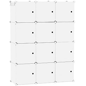 C&AHOME Cube Storage Organizer with Doors, 12-Cube Shelves, Closet Cabinet, DIY Plastic Modular Bookshelf Ideal for Bedroom, Living Room, 36.6”L x 12.4”W x 48.4”H Milky USHS3012M-DOOR