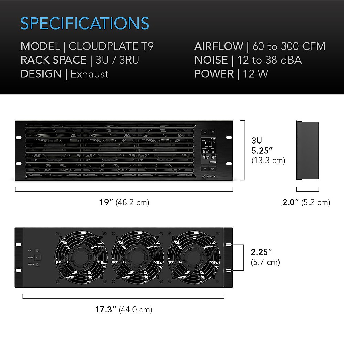 AC Infinity CLOUDPLATE T9, Rack Mount Fan Panel 3U, Exhaust Airflow, for Cooling AV, Home Theater, Network 19” Racks