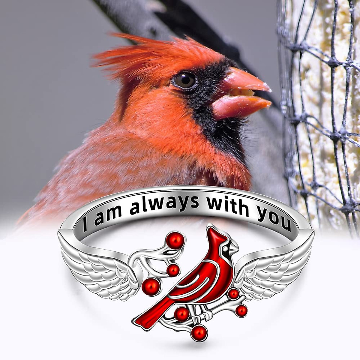 LOVGIFSET Cardinal Ring Angel Wing Ring Cardinal Appear When Angels are Near Feather Red Bird Rings for Women Sterling Silver Memorial Jewelry
