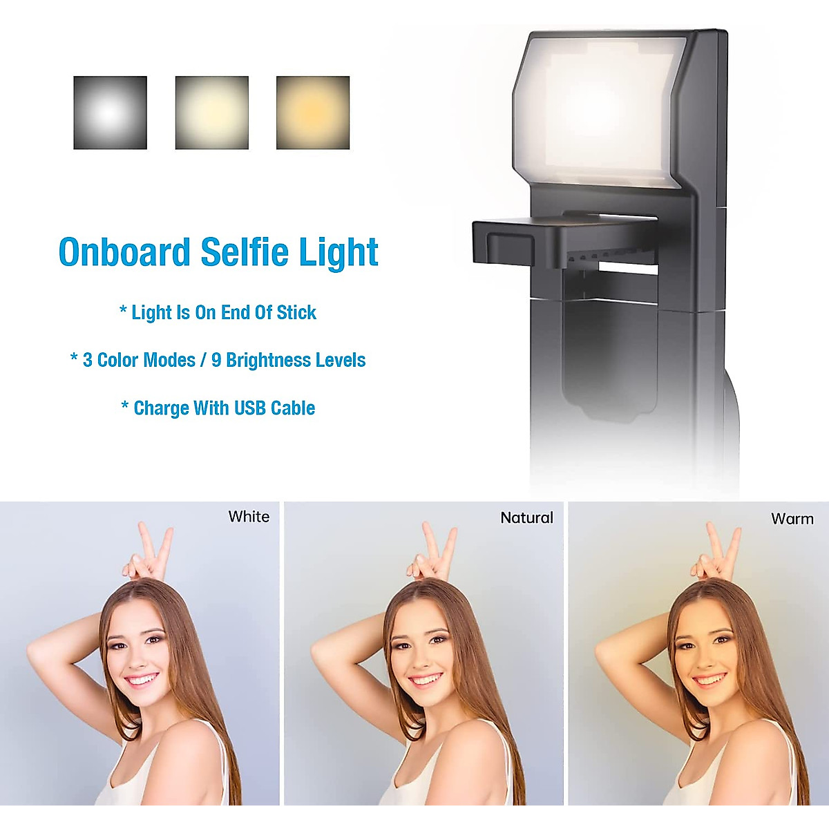 Fugetek 40'' Quadrapod Lighted Selfie Stick Stand, Lightweight 7oz, Wireless Bluetooth Remote, Patented Ultra Stable 4 Legs, 3 Onboard Light Modes, Compatible with iPhone & Android (Black)